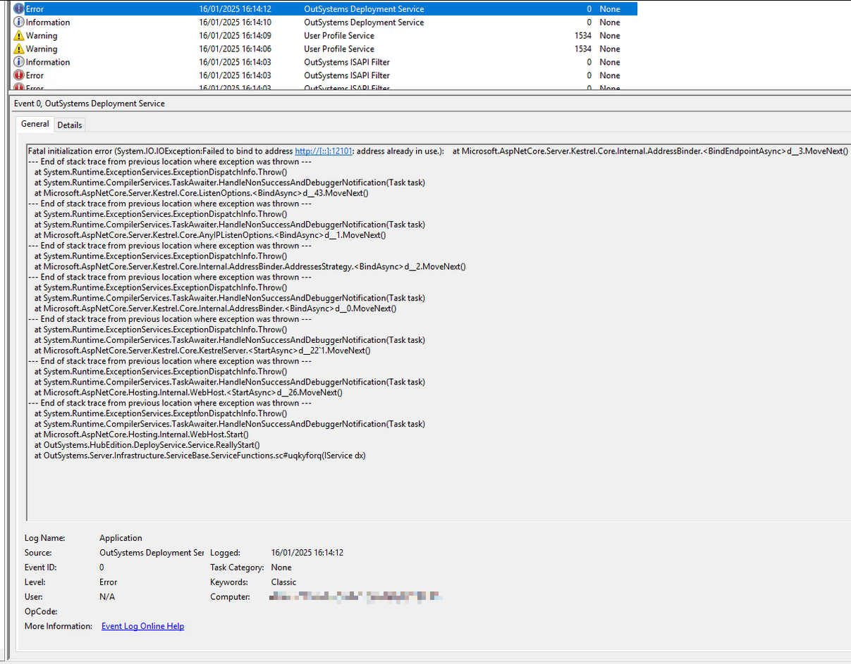 Error 1067 when trying to start deployment service - OutSystems Support