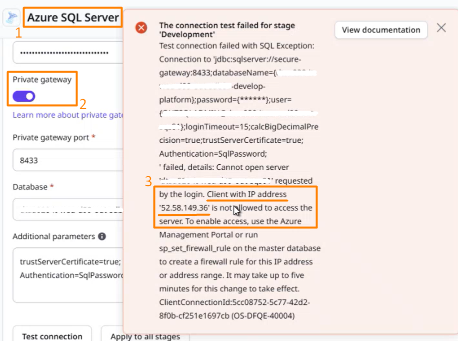 Unable to create a connection via Private Gateway to Azure SQL - incorrect client IP ...