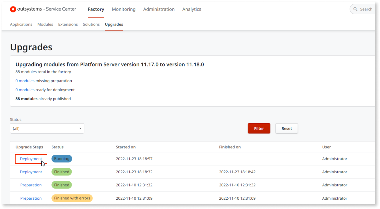 Modules deployment step during Platform Server upgrade - OutSystems 11 ...