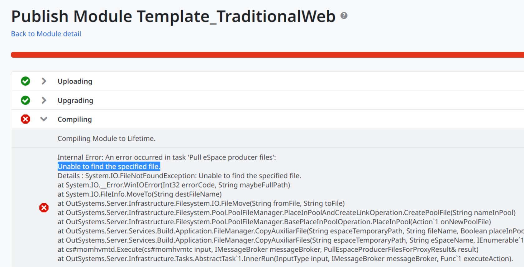 Deployment failed - Unable to find the specified file - OutSystems サポート