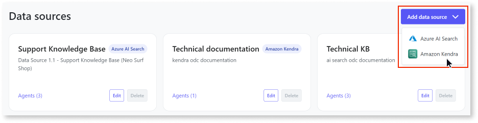 Add the Amazon Kendra data source to the AI Agent Builder app - ODC Documentation