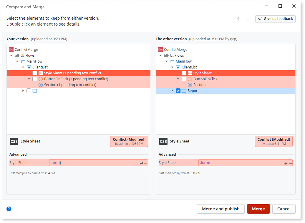 Compare And Merge Example With Conflicts Outsystems 11 Documentation