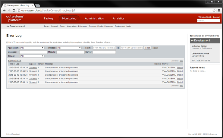 アプリケーションエラーをトラブルシューティングする - OutSystems 10 ドキュメンテーション