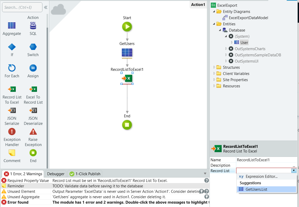 Excelへのエンティティデータのエクスポート - OutSystems 操作ガイド