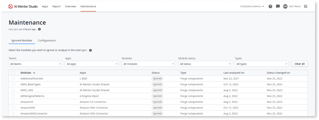 Ignoring modules during tech debt analysis - OutSystems 11 ドキュメンテーション