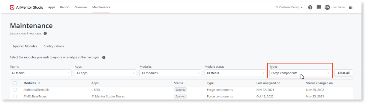 Ignoring modules during tech debt analysis - OutSystems 11 ドキュメンテーション