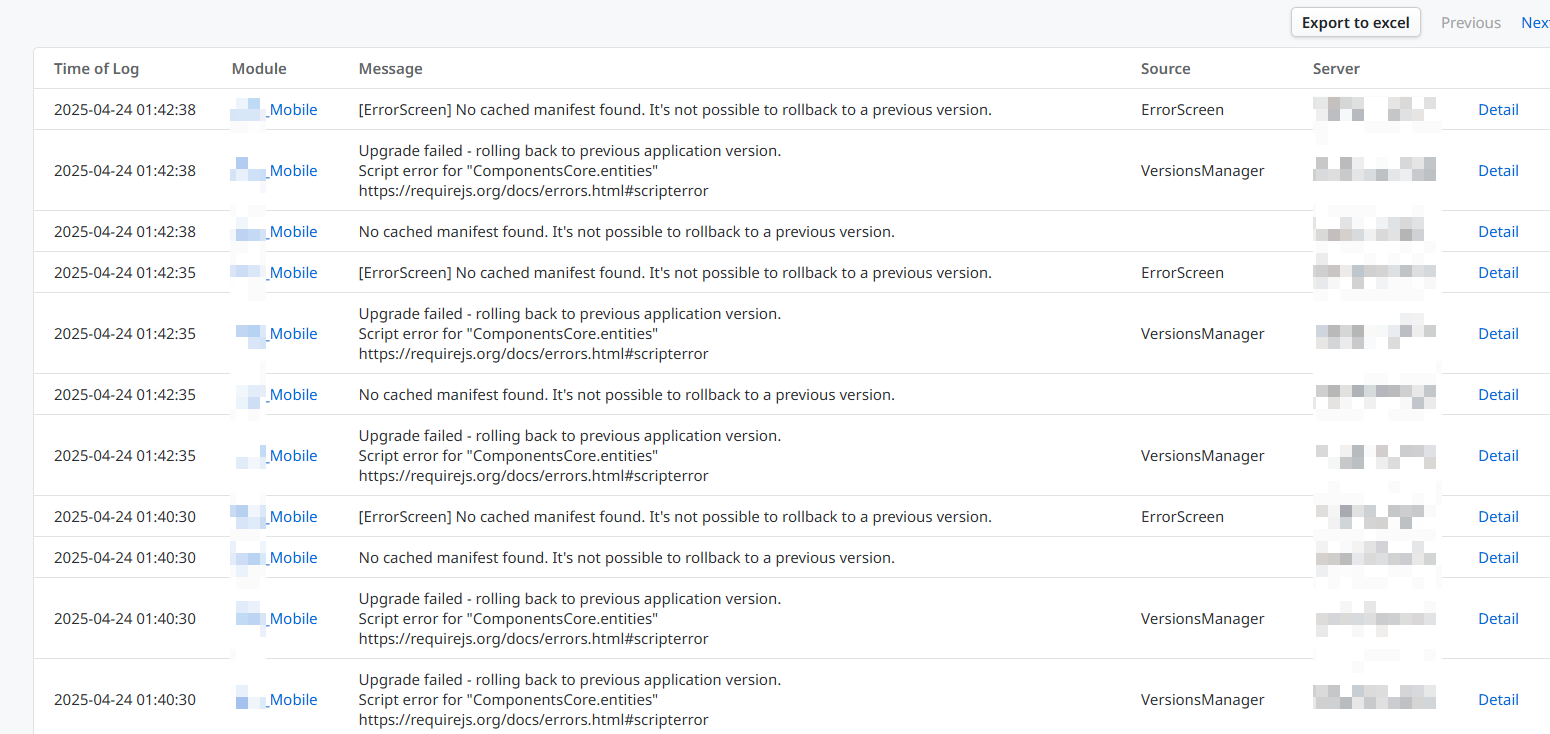 Rollback not possible manifest error - OutSystems サポート