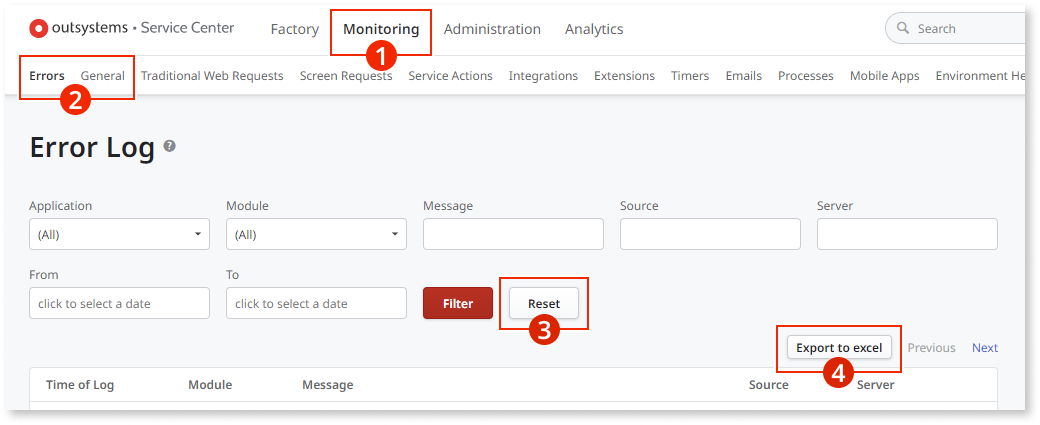 Service Center logs - OutSystems サポート