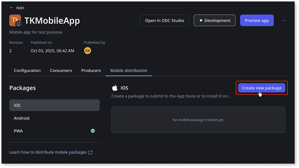 Create mobile app package - ODC Documentation