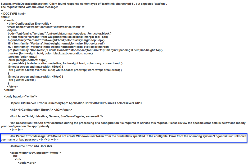 Error accessing application - Could not create Windows user token from ...