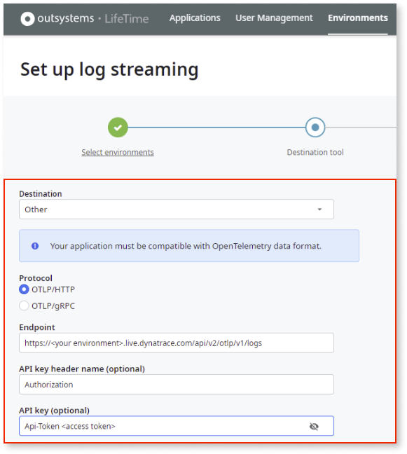 Stream logs to Dynatrace - OutSystems 11 ドキュメンテーション
