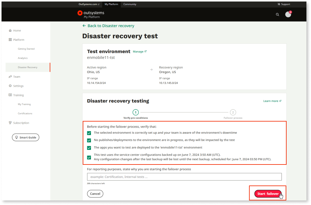 Perform a cross-region disaster recovery test - OutSystems 11 ドキュメンテーション