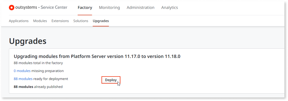 Platform Serverのアップグレード中のモジュールのデプロイ手順 - OutSystems 11 ドキュメンテーション