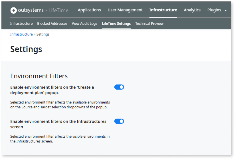 LifeTime environment filters - OutSystems 11 Documentation