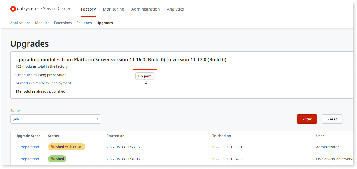 Modules preparation step during Platform Server upgrade - OutSystems 11 ...