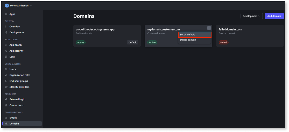 Configure custom domains for apps - ODC Documentation