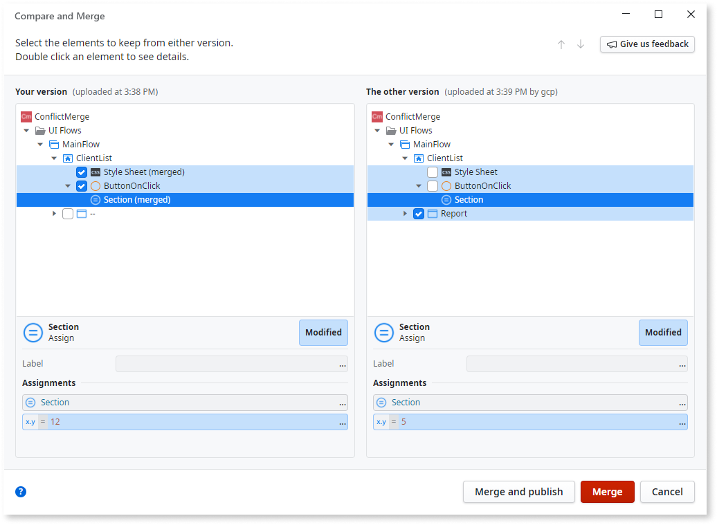 衝突がある場合の比較およびマージの例 - OutSystems 11 ドキュメンテーション