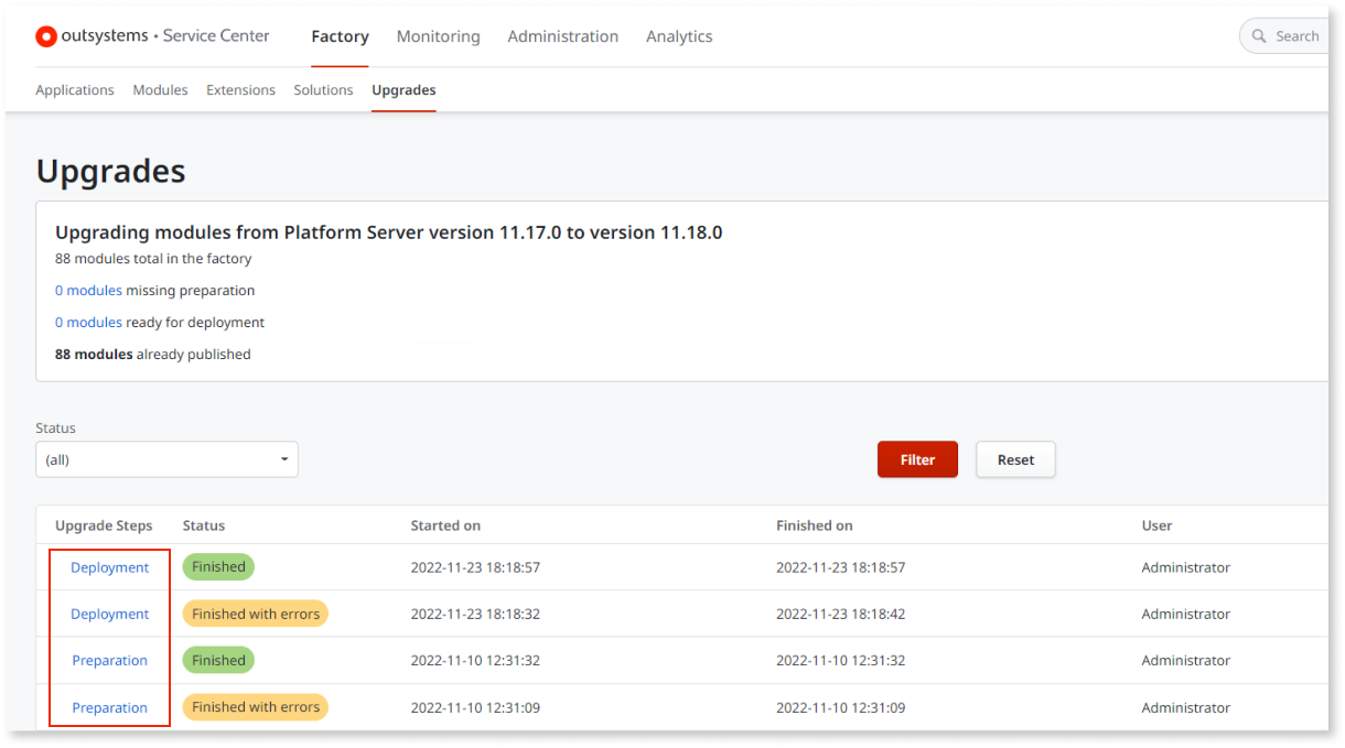 Platform Serverのアップグレード中のモジュールのデプロイ手順 - OutSystems 11 ドキュメンテーション