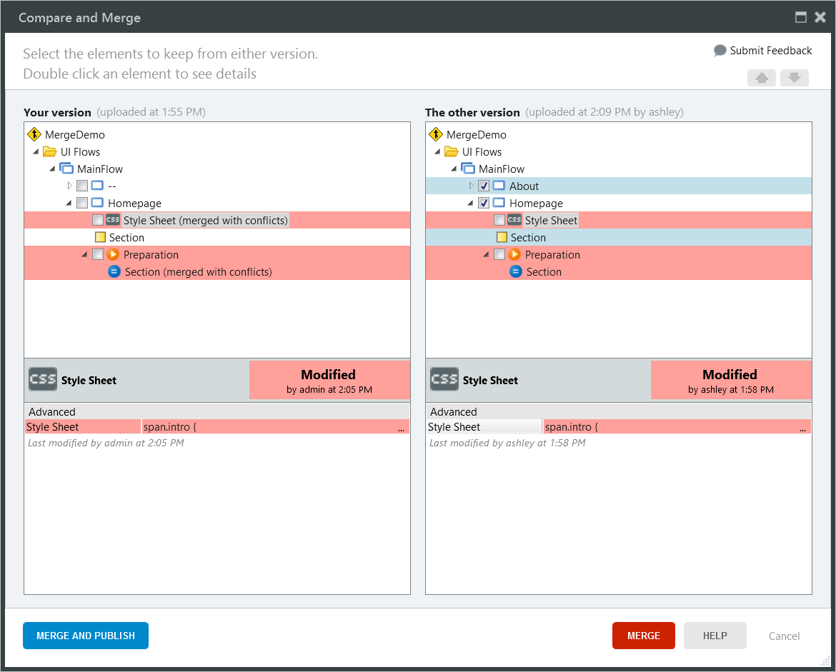 Compare And Merge Example With Conflicts Outsystems 10 Documentation