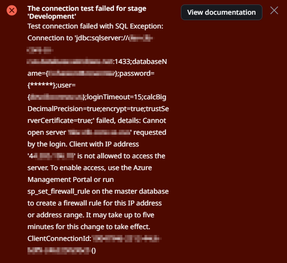 Unable to create external database connection - IP address is not allowed to access the server ...