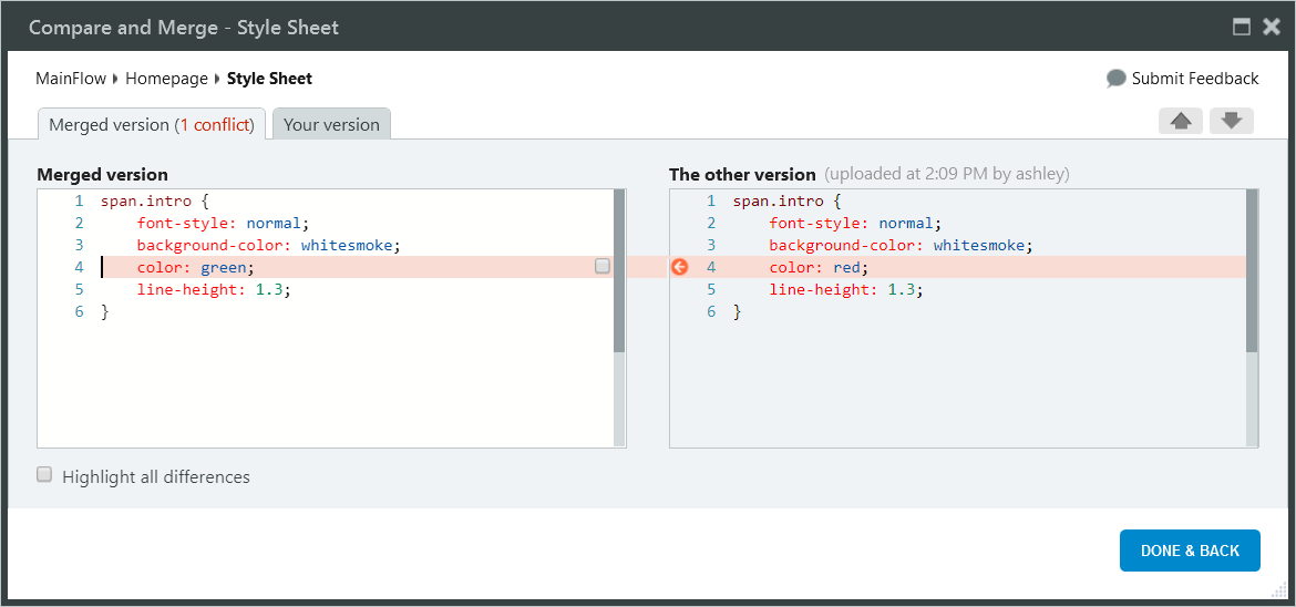 Compare and merge example with conflicts - OutSystems 10 Documentation