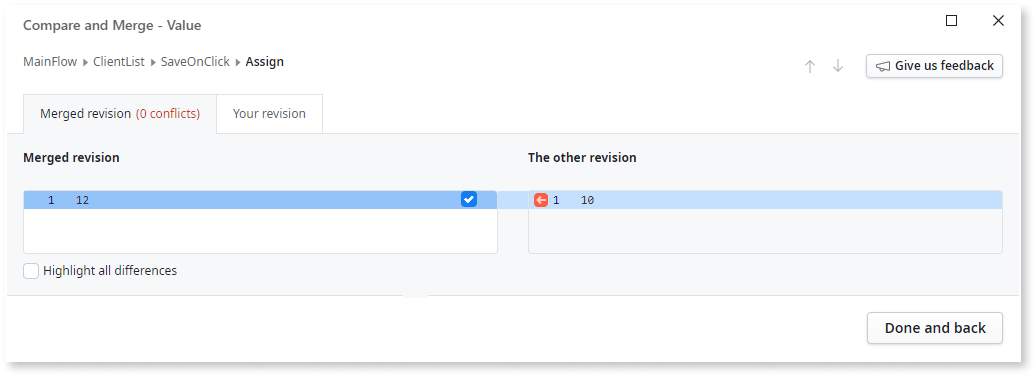 Compare and merge example with conflicts - ODC Documentation