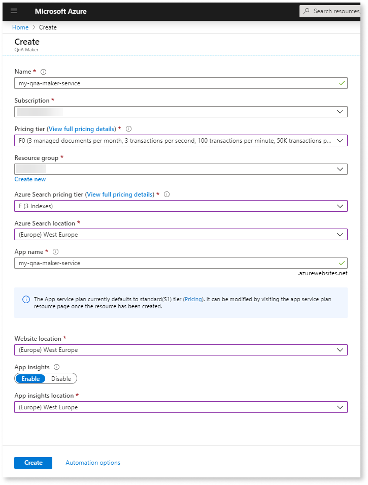 Create the chatbot resources in Azure - OutSystems 11 Documentation