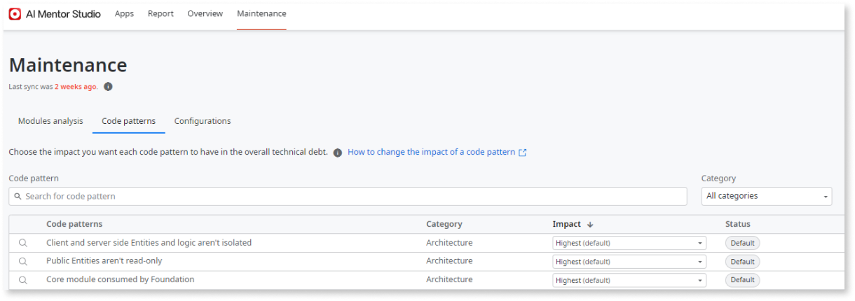 Change the impact level of a code pattern on your technical debt ...