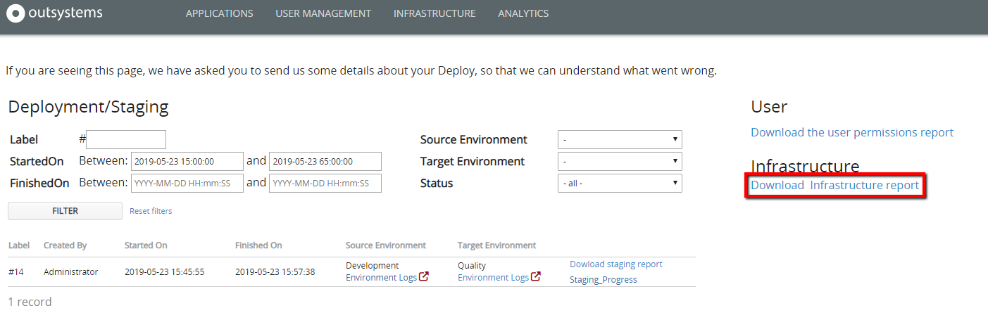 LifeTime reports - OutSystems Support