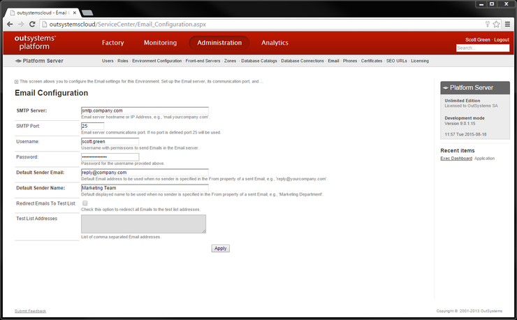 OutSystemsを構成してメールを送信する - OutSystems 10 ドキュメンテーション
