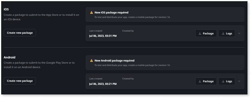 Create mobile app package - ODC Documentation