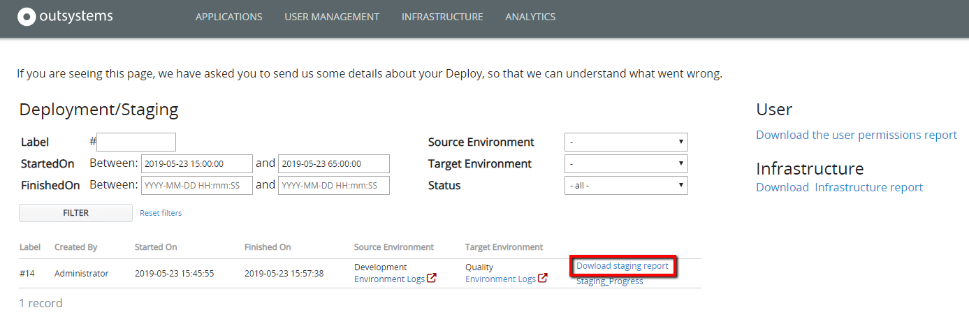 LifeTime reports - OutSystems Support