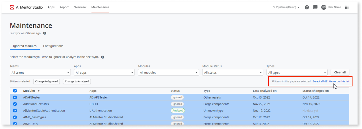 Ignoring modules during tech debt analysis - OutSystems 11 Documentation