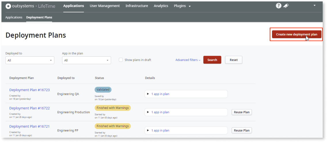 Deployment Plans - OutSystems 11 Documentation