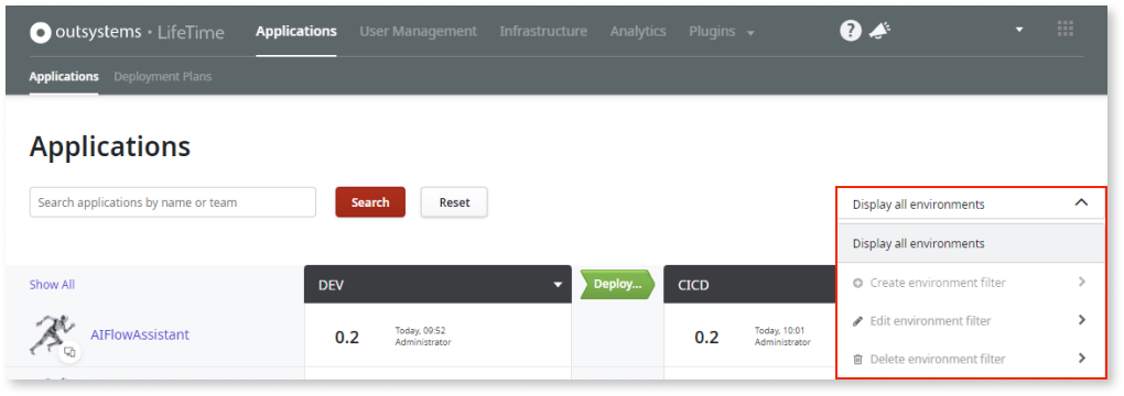 LifeTime environment filters - OutSystems 11 Documentation