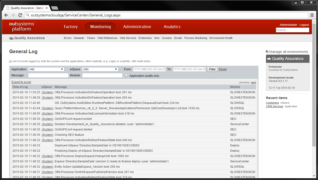 Monitor Environments - OutSystems 10 Documentation