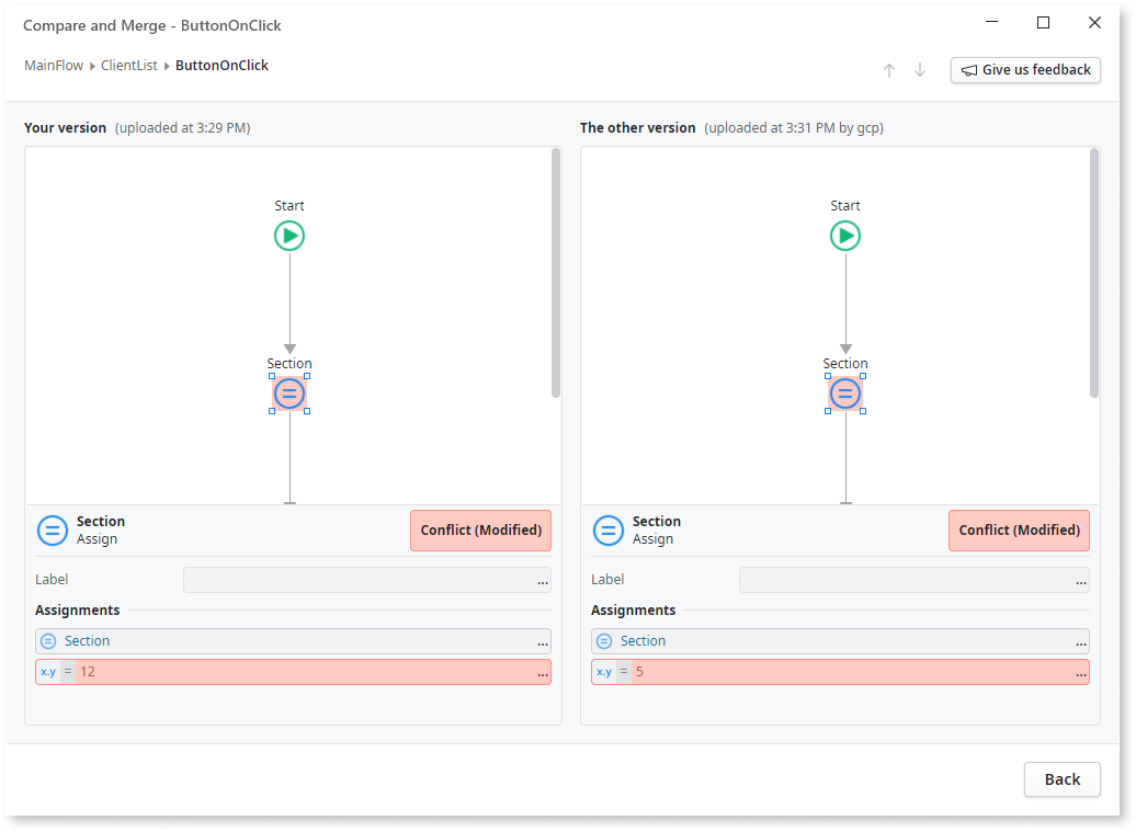 Compare and merge example with conflicts - OutSystems 11 Documentation