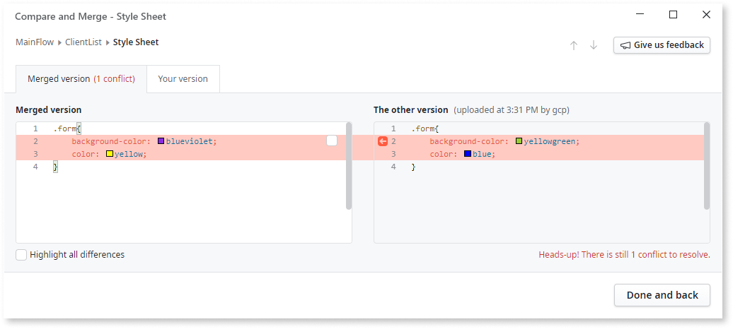Compare And Merge Example With Conflicts Outsystems 11 Documentation