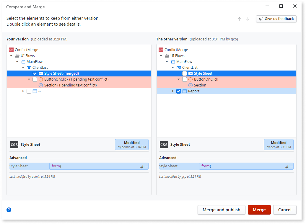 Compare and merge example with conflicts - OutSystems 11 Documentation