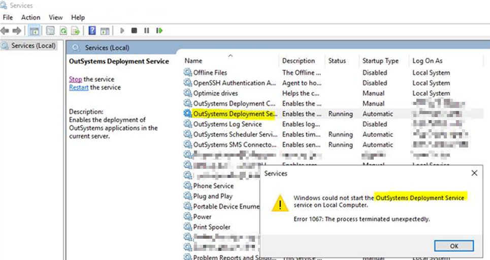 Error 1067 when trying to start deployment service - OutSystems Support