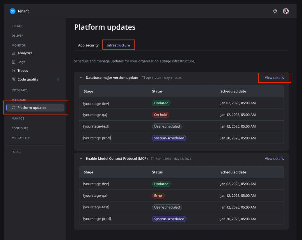 Managing platform infrastructure updates - ODC Documentation