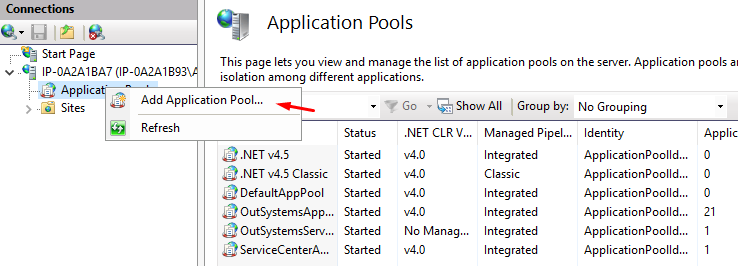 Move an app to another application pool on IIS - OutSystems サポート