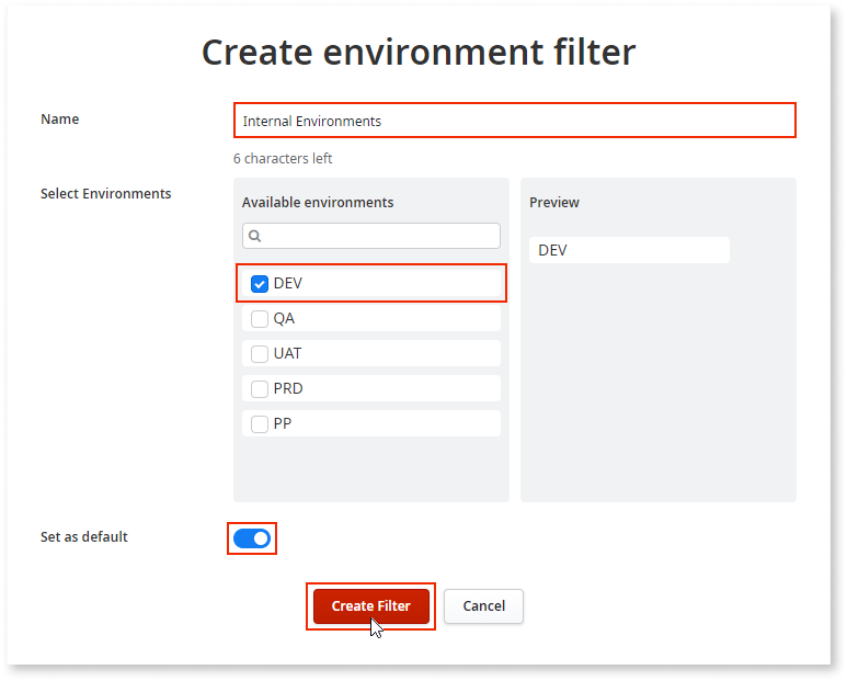 LifeTime environment filters - OutSystems 11 ドキュメンテーション