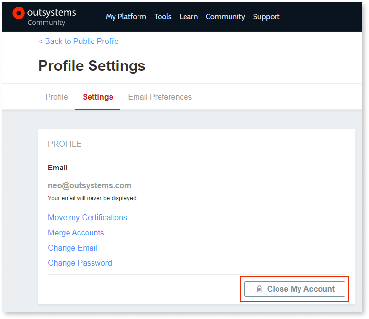 How to close your OutSystems community account - OutSystems Support
