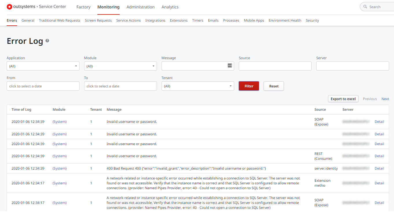 環境のログと状態を表示する - OutSystems 11 ドキュメンテーション