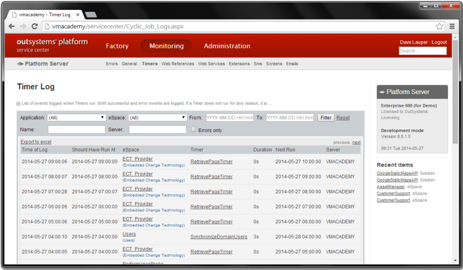 Monitor Timers - OutSystems 10 Documentation